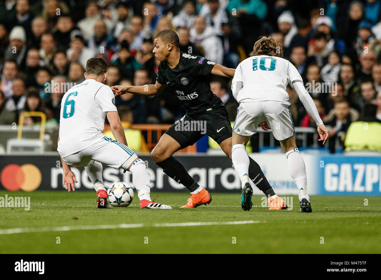 Madrid, Spain, February 14, 2018. Kylian Mbappe (PSG) fights for ...