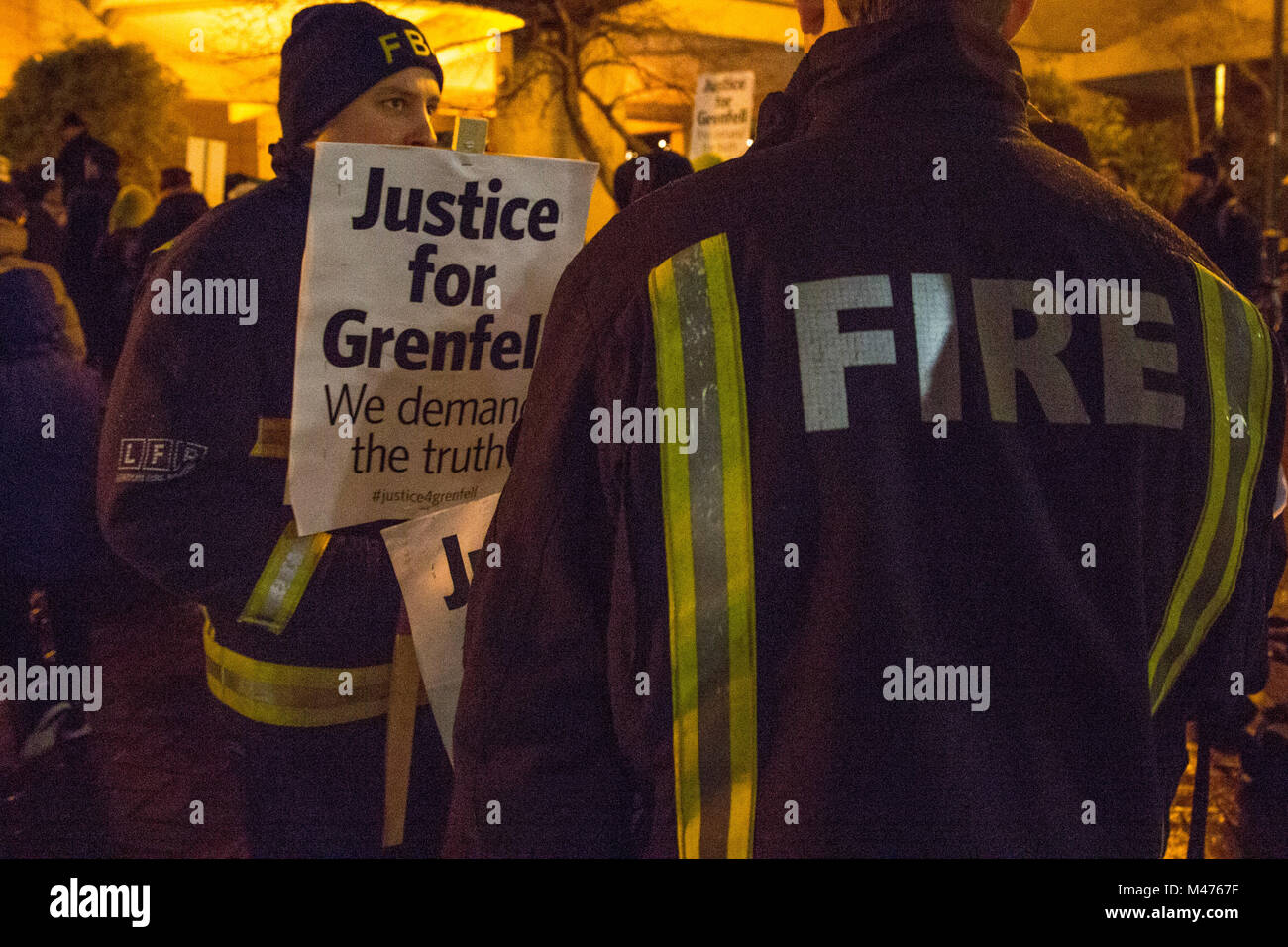 London UK 14th February 2018 Fireman outside Kensington and Chelsea ...