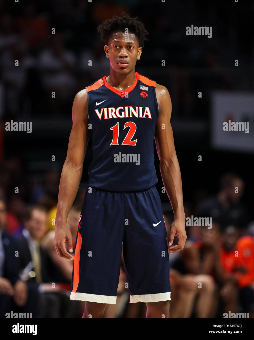 February 13, 2018: Virginia Cavaliers guard De'Andre Hunter (12) looks ...