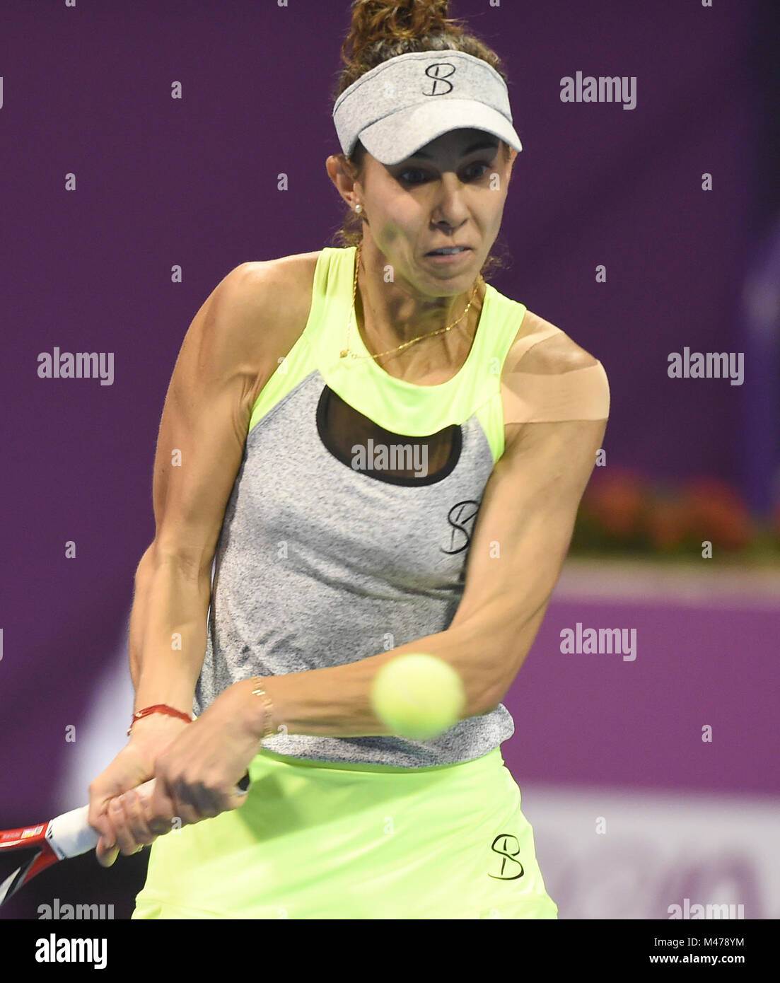 Doha, Qatar. 14th Feb, 2018. Mihaela Buzarnescu of Romania hits a ...