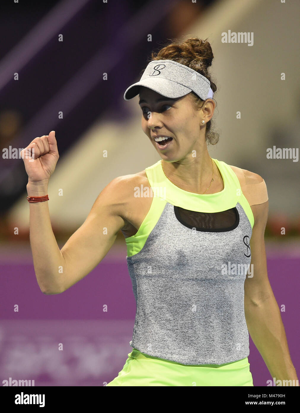 Doha, Qatar. 14th Feb, 2018. Mihaela Buzarnescu of Romania celebrates ...