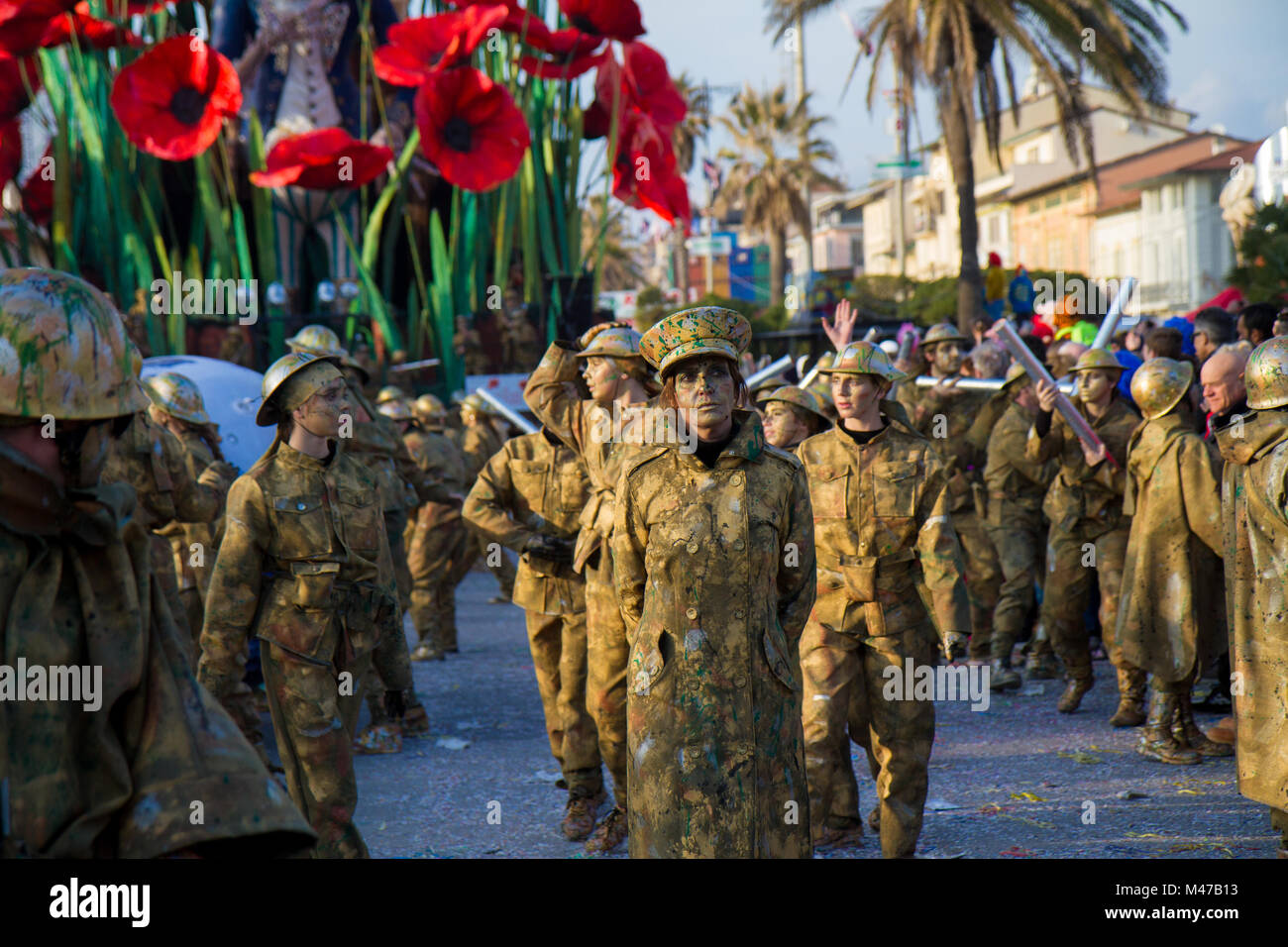 VIAREGGIO, ITALY - FEB 11: Festival, the parade of carnival floats with ...