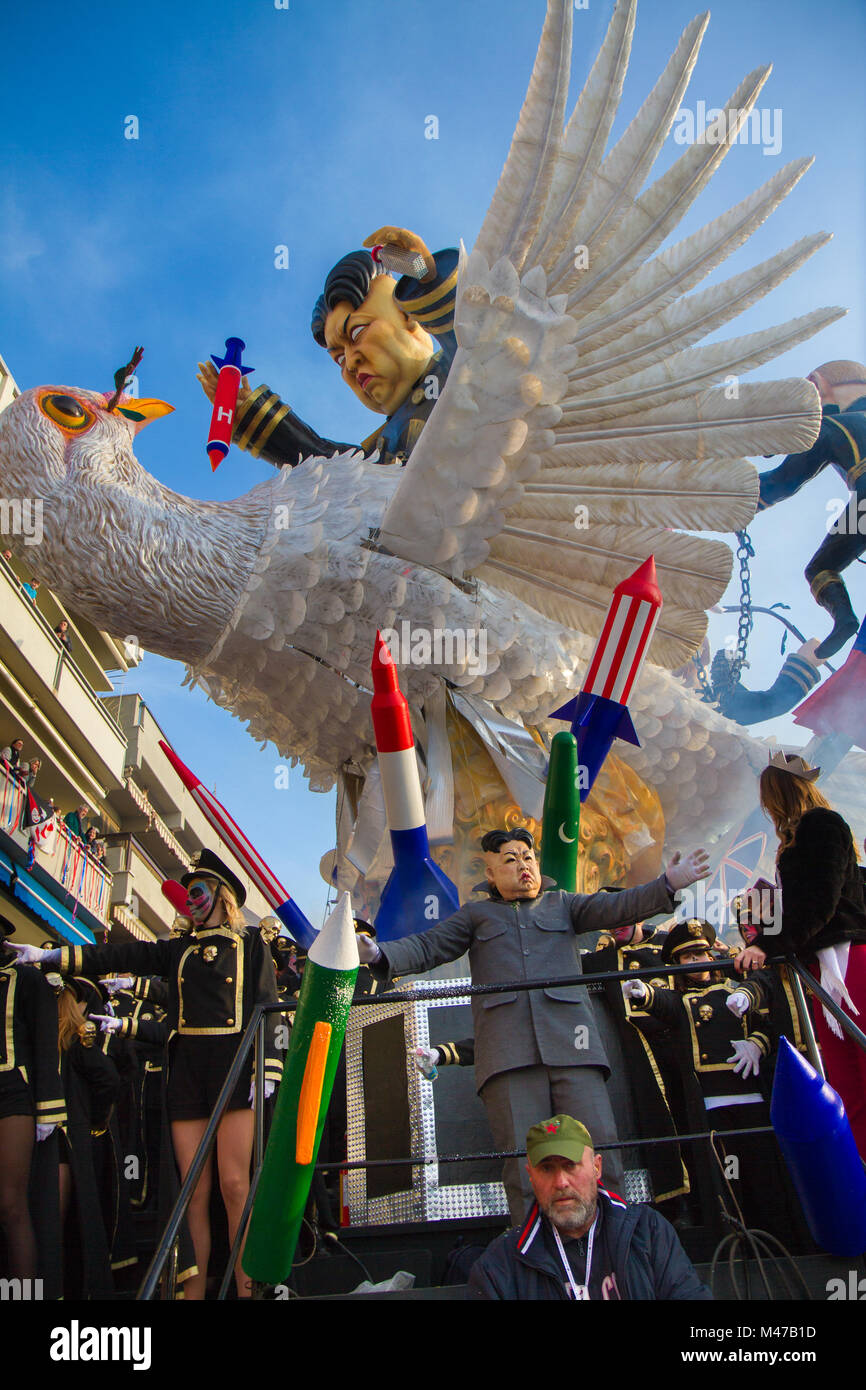 VIAREGGIO, ITALY - FEB 11: Festival, the parade of carnival floats with ...