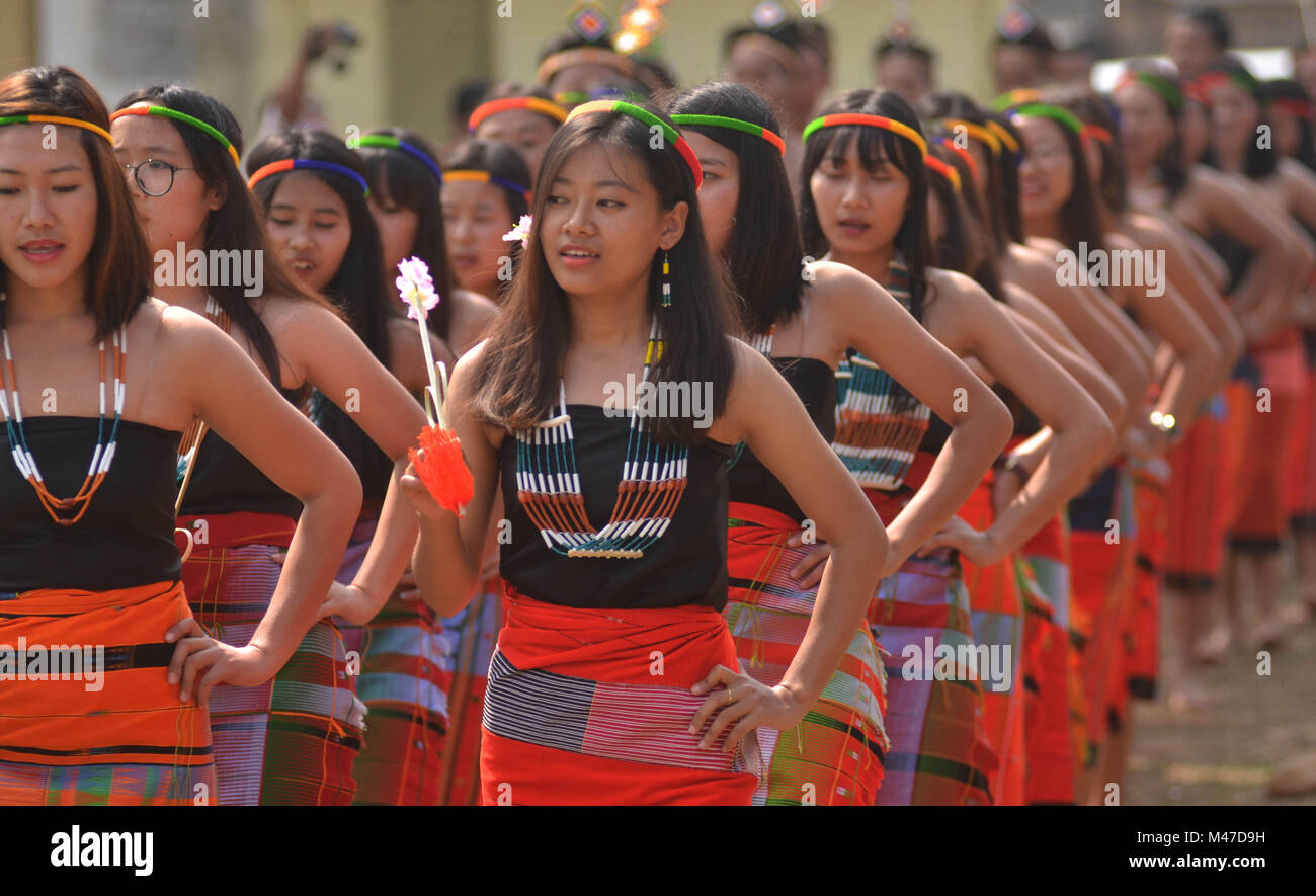 Dimapur, Nagaland India Feb 15, 2018: Tangkhul artist performs a ...