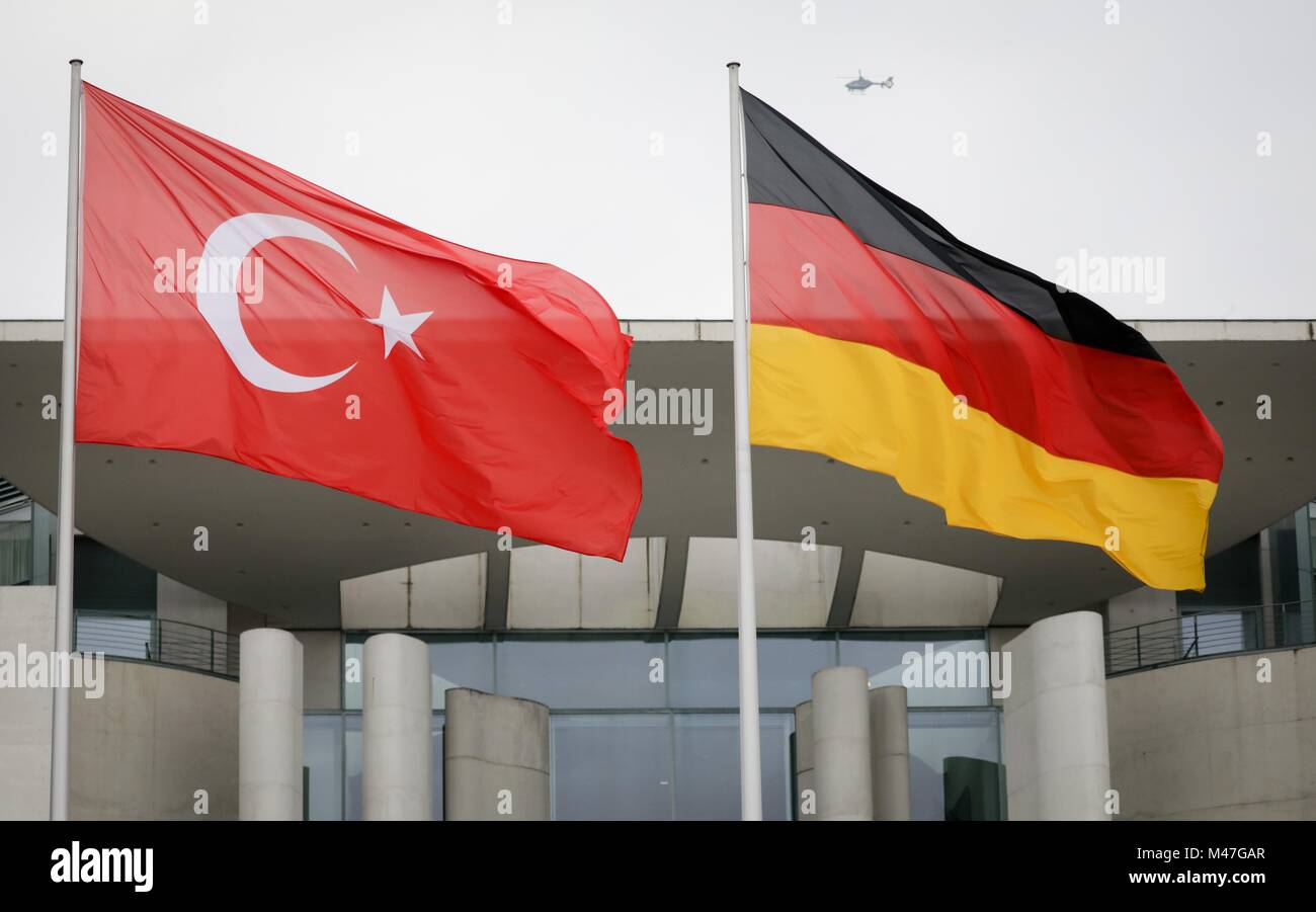 Berlin, Germany. 15th Feb, 2018. The Turkish and the German flag ...