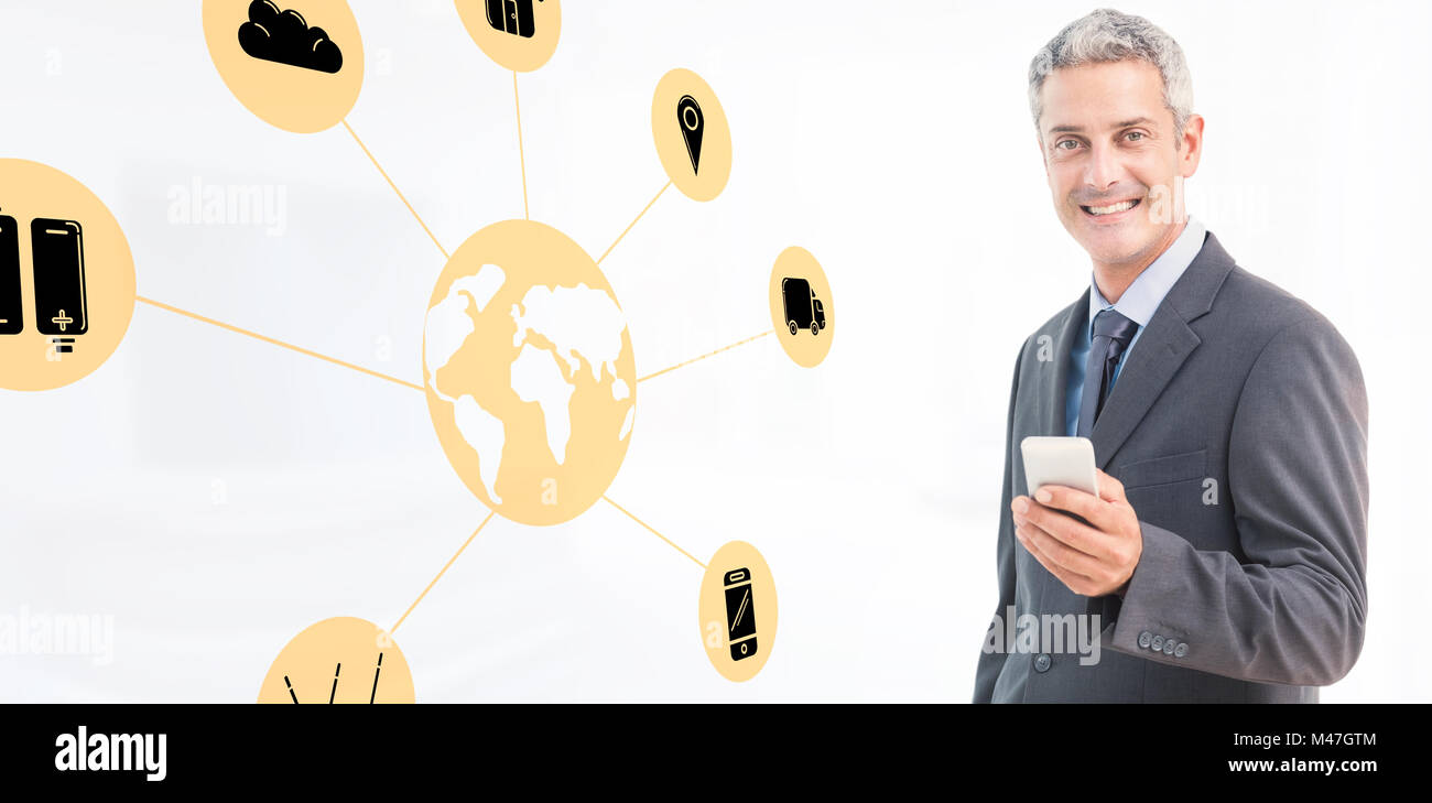 Composite image of portrait of smiling businessman holding mobile phone ...