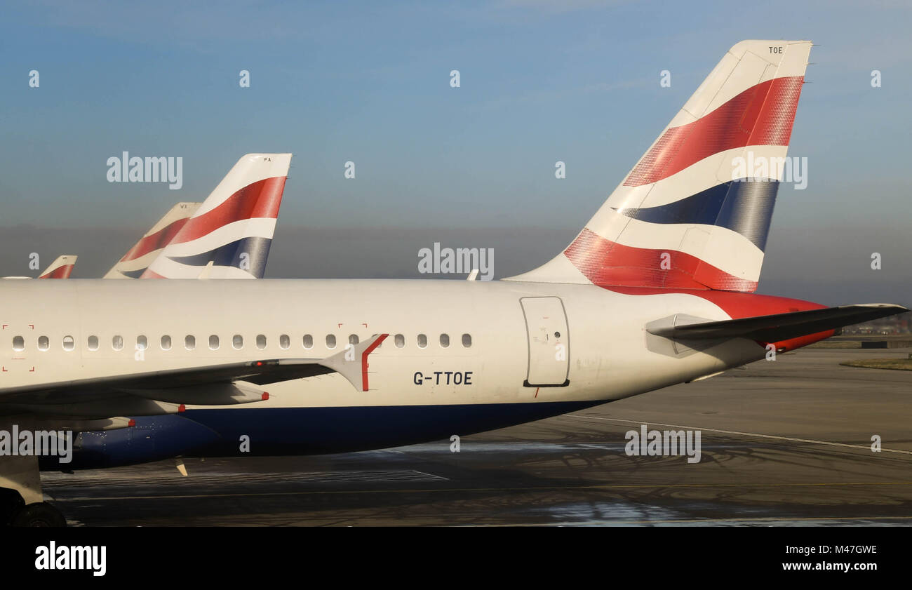 Wide angle view of the tail fins of British Airways passenger jets ...