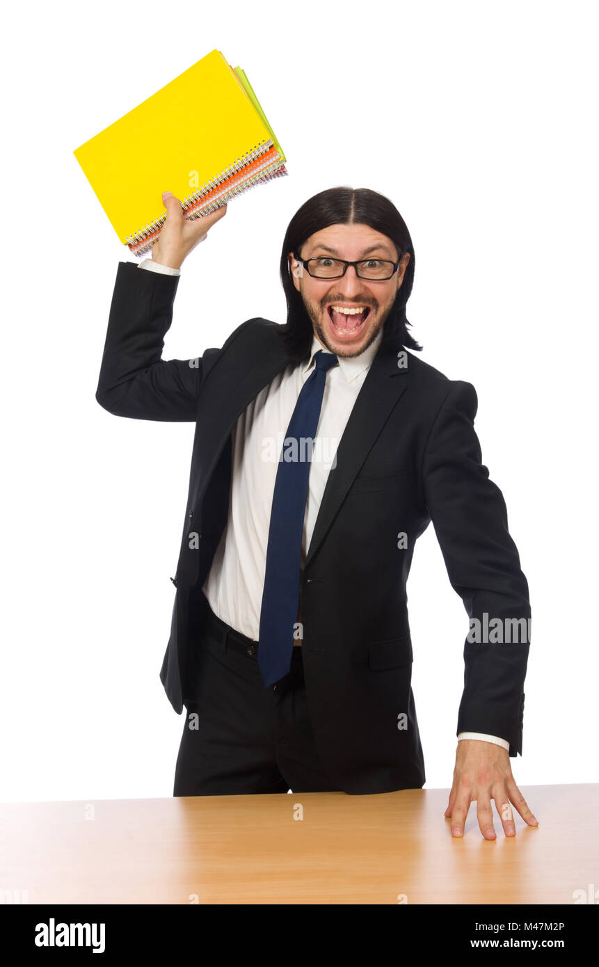 Businessman holding notebooks isolated on white Stock Photo - Alamy