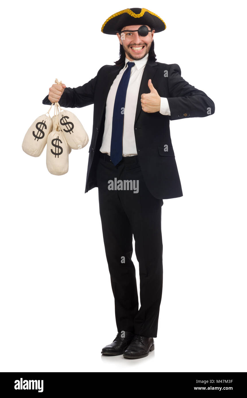 Pirate businessman holding money bags isolated on white Stock Photo - Alamy