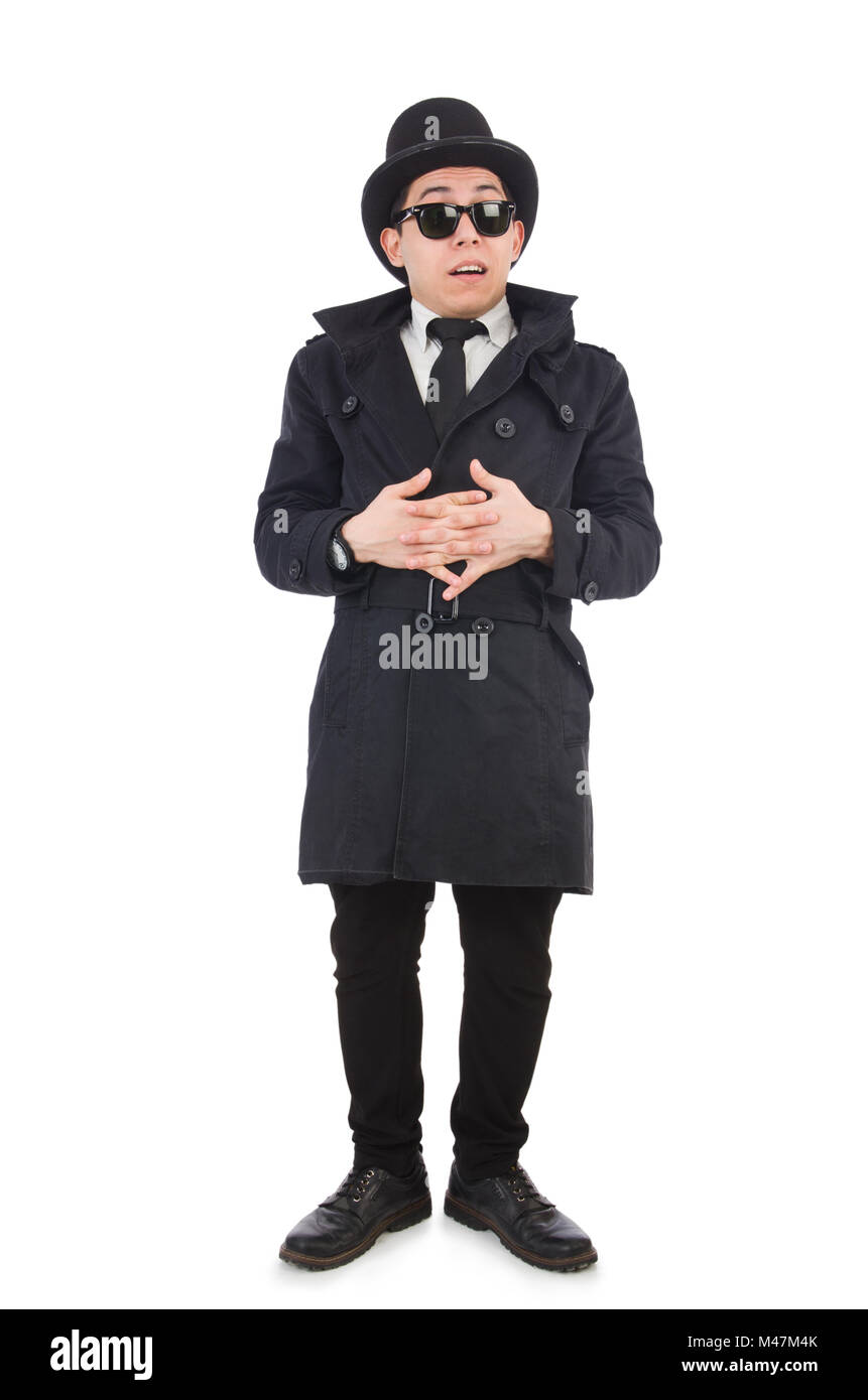 Young detective in black coat isolated on white Stock Photo - Alamy