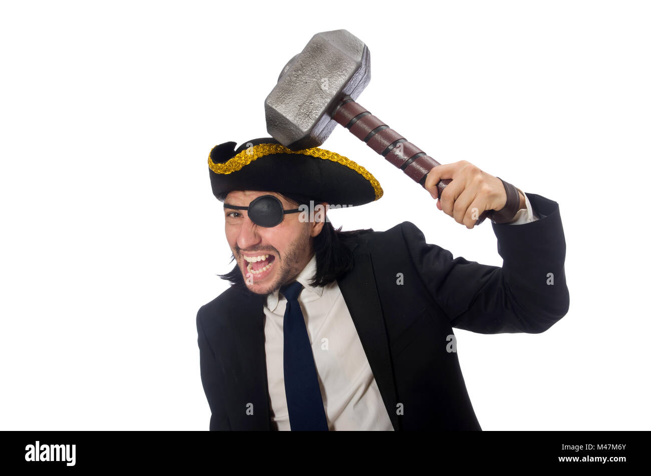 Pirate businessman holding hammer isolated on white Stock Photo - Alamy