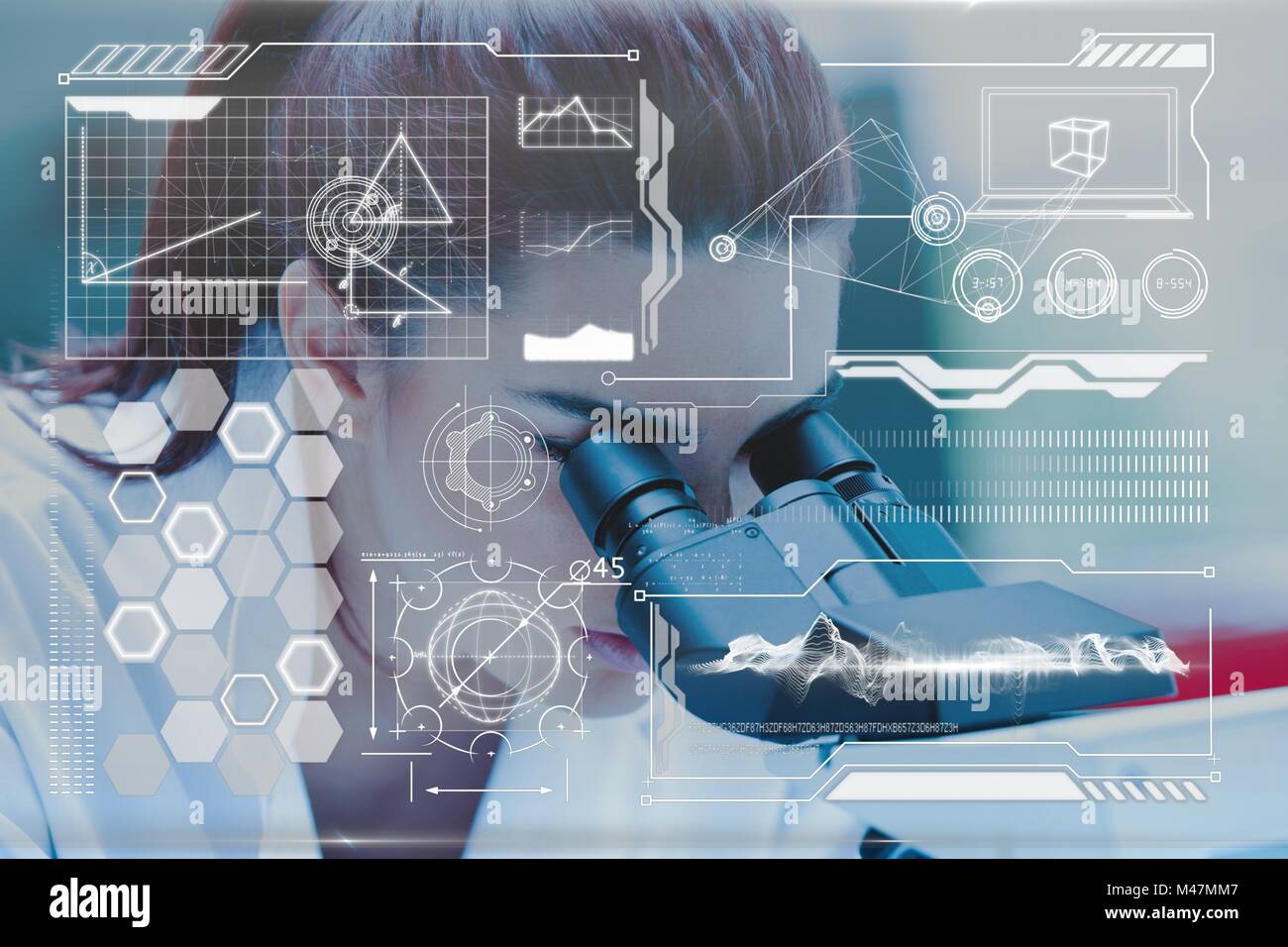 Interface over scientist looking through microscope Stock Photo - Alamy