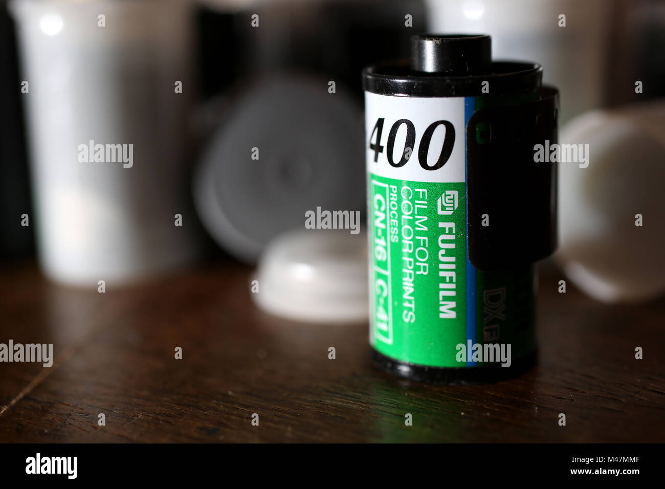 General views of an old Fujifilm 35mm 400 iso film on a table in a ...