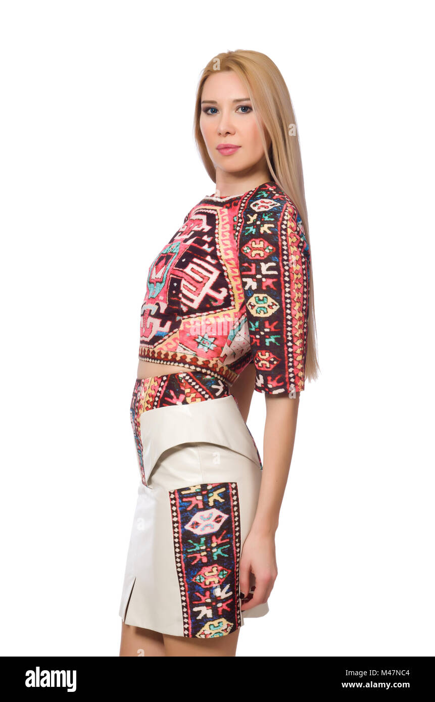 Pretty model in clothes with carpet prints isolated on white Stock ...
