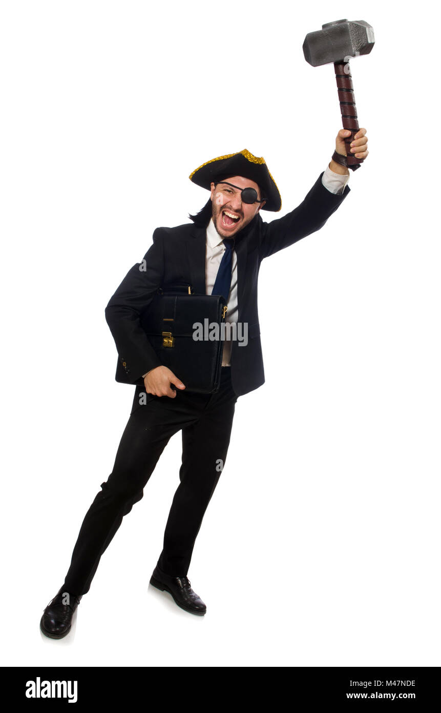 Pirate businessman with hammer and briefcase isolated on white Stock ...