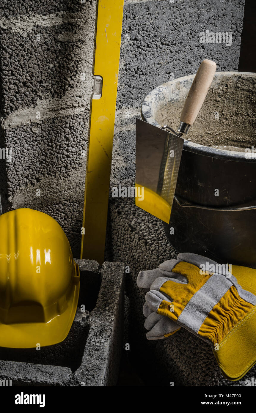 Tools for bricklayer bucket with a solution and a trowel Stock Photo ...