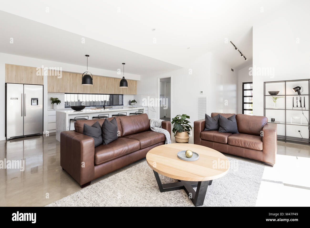 Open plan scandinavian styled family living room and kitchen Stock ...