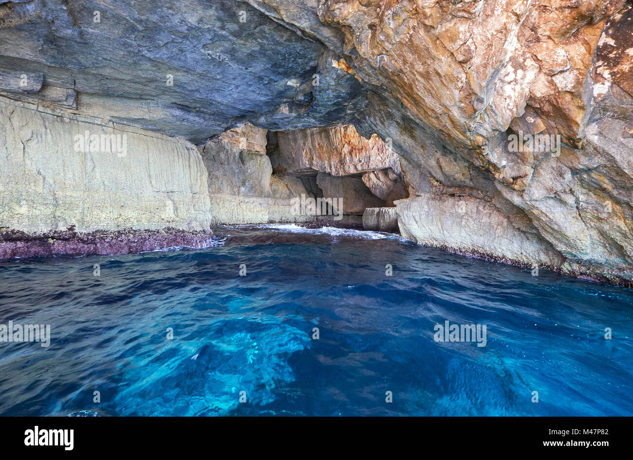 Inside Blue Grotto on south part of Malta island Stock Photo - Alamy
