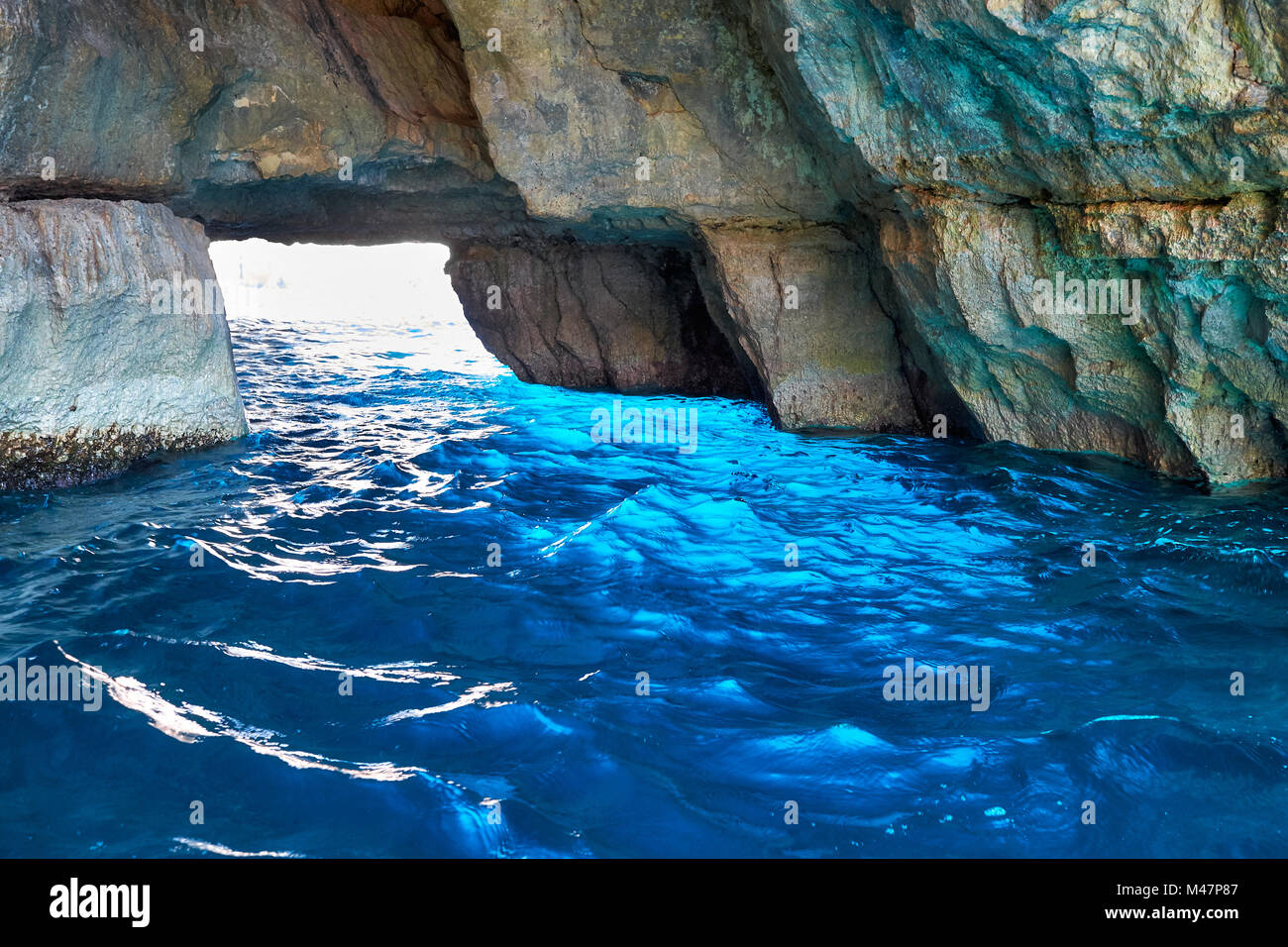 Inside Blue Grotto on south part of Malta island Stock Photo - Alamy