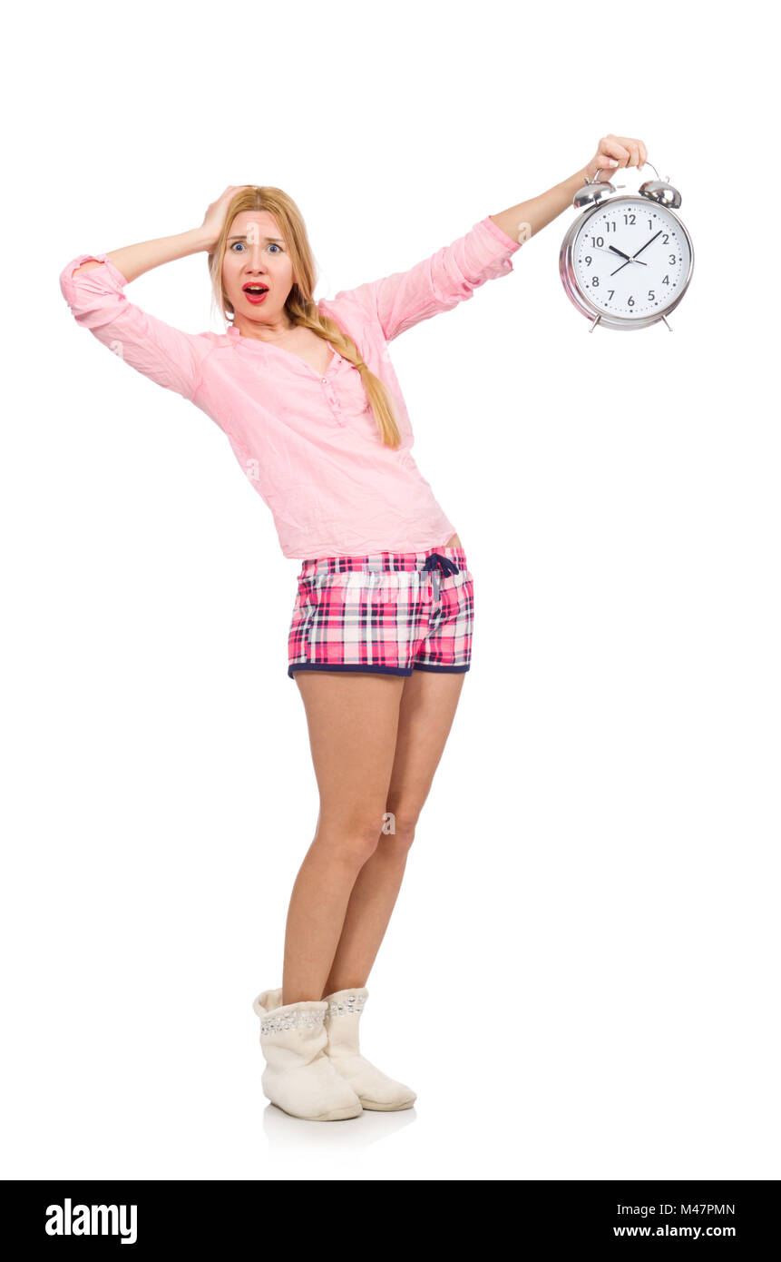 Pretty blondie girl holding alarm-clock isolated on white Stock Photo ...