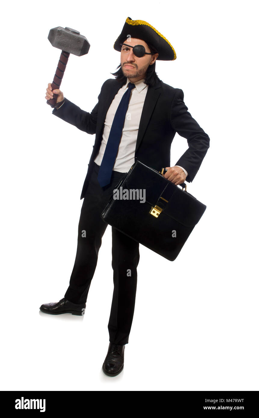 Pirate businessman with hammer and briefcase isolated on white Stock ...