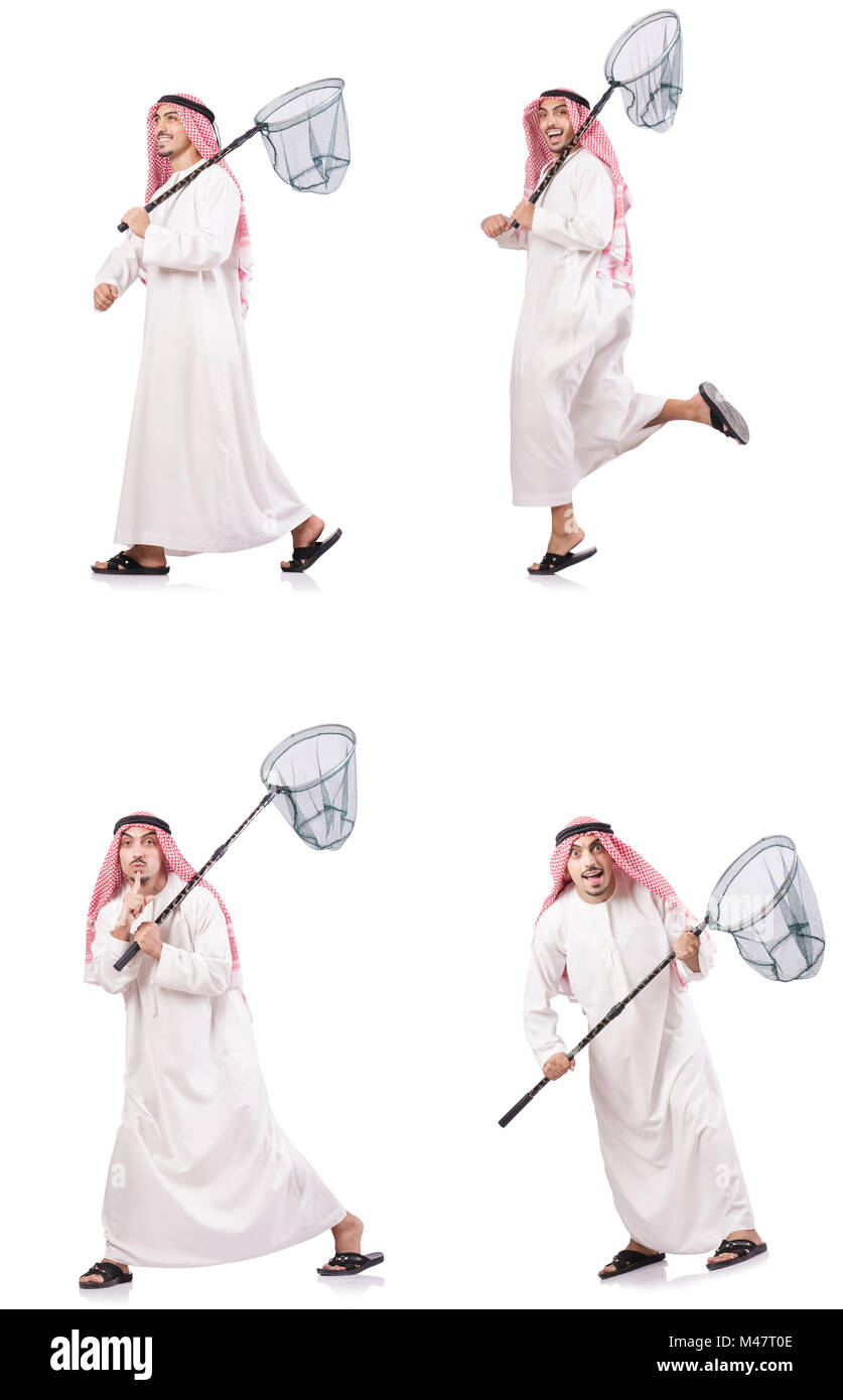 Arab man with catching net isolated on white Stock Photo - Alamy
