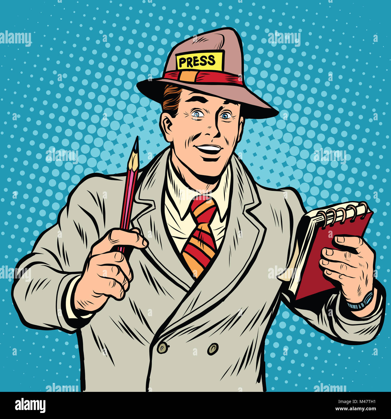 Positive retro journalist interviews press media report Stock Photo - Alamy