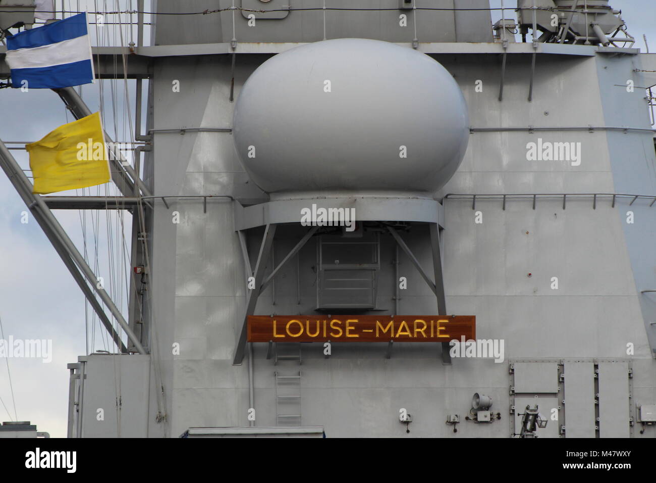 The nameplate on the Belgian Navy frigate BNS Louise-Marie (F931), as ...