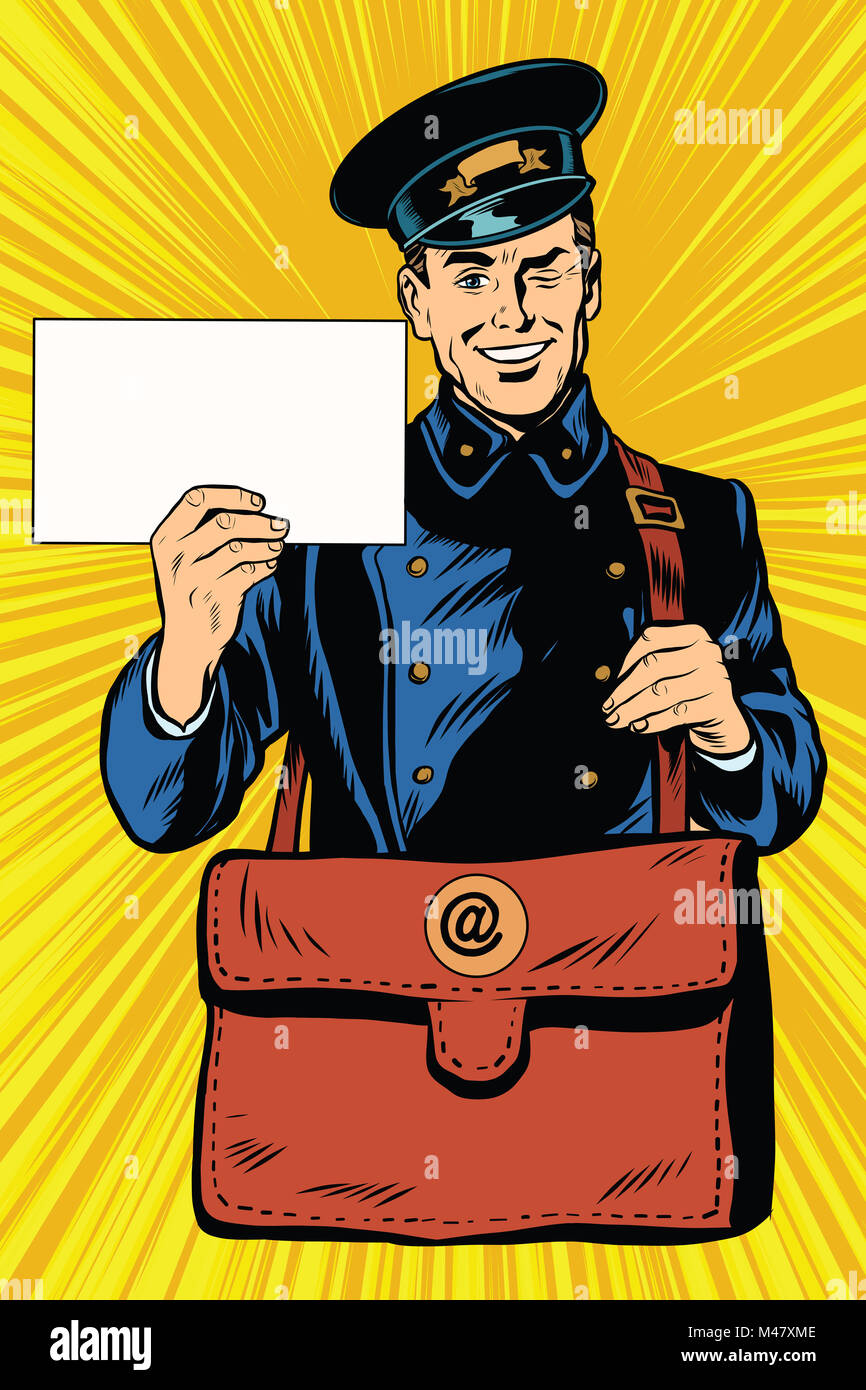 Cheerful retro postman pop art Stock Photo - Alamy
