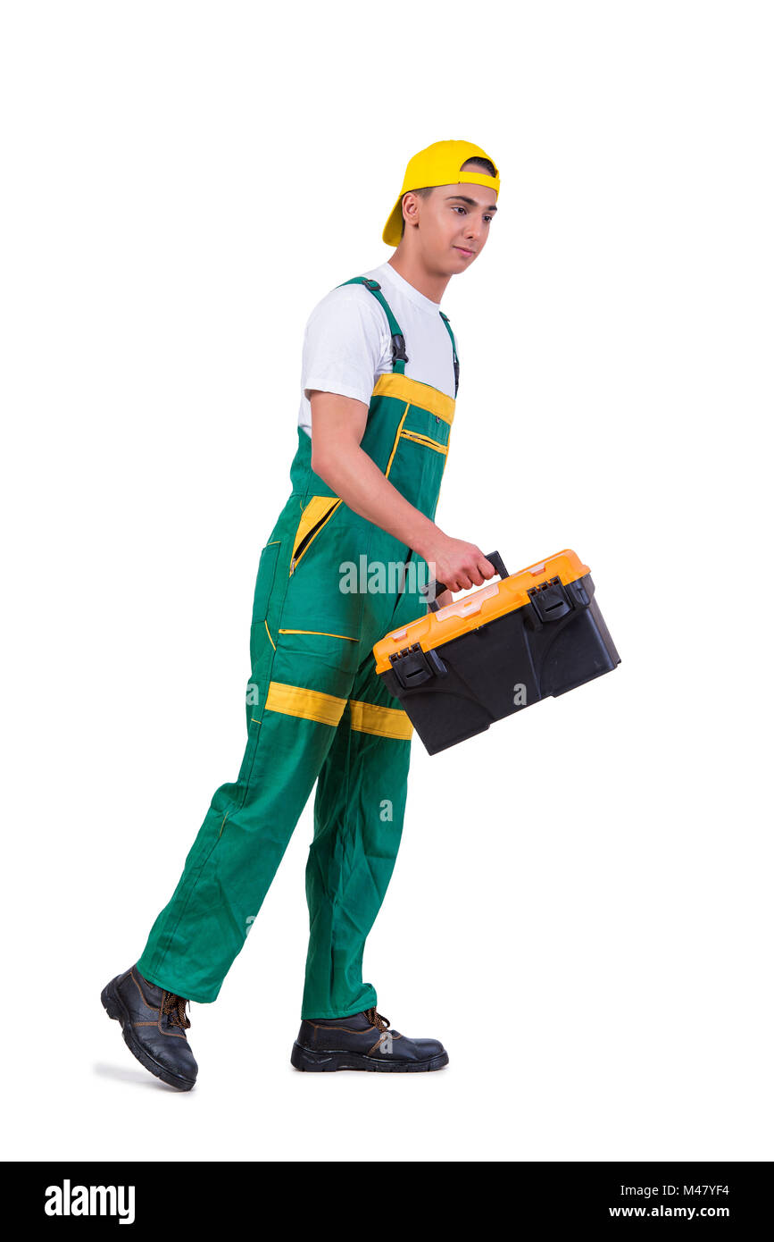 Young man with toolkit toolbox isolated on white Stock Photo - Alamy