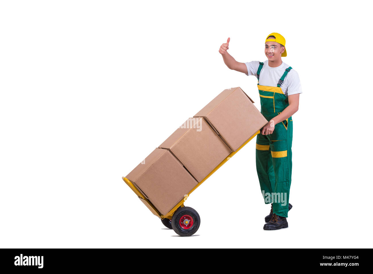 Young man moving boxes with cart isolated on white Stock Photo - Alamy