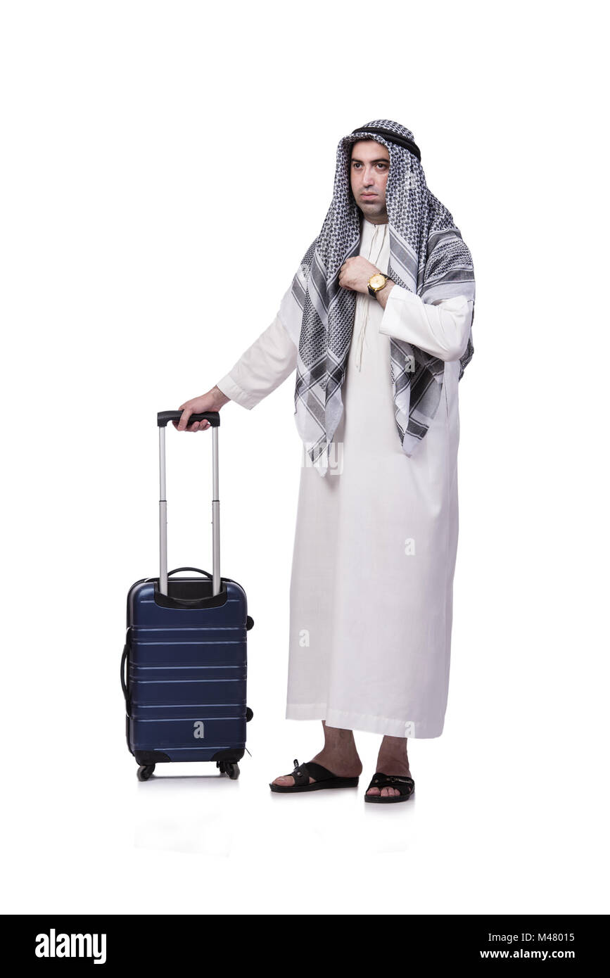 Arab man with suitcase in travel concept isolated on white Stock Photo ...