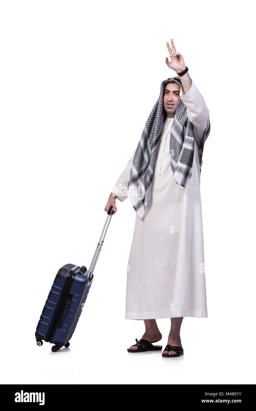Arab man with suitcase in travel concept isolated on white Stock Photo ...