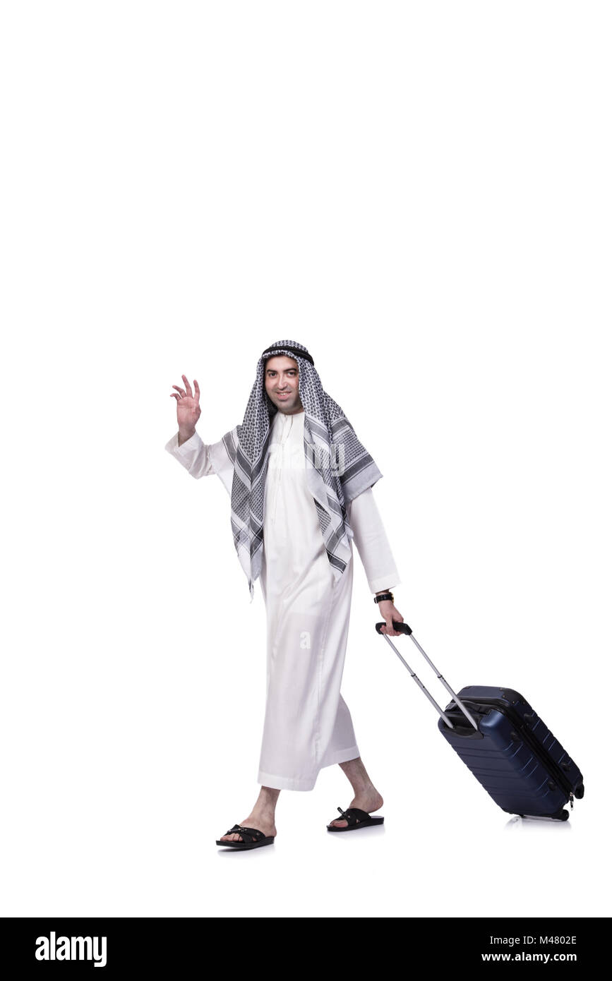 Arab man with suitcase in travel concept isolated on white Stock Photo ...
