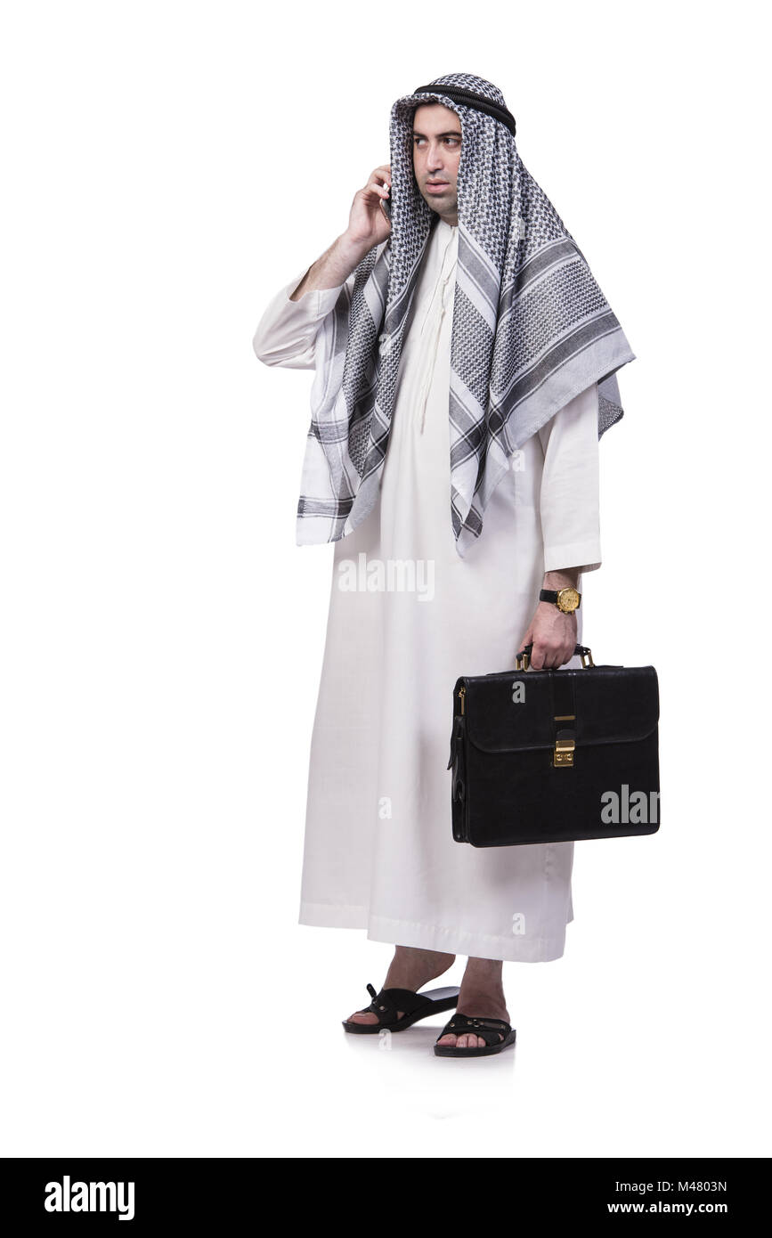 Arab man with his mobile phone isolated on white Stock Photo - Alamy