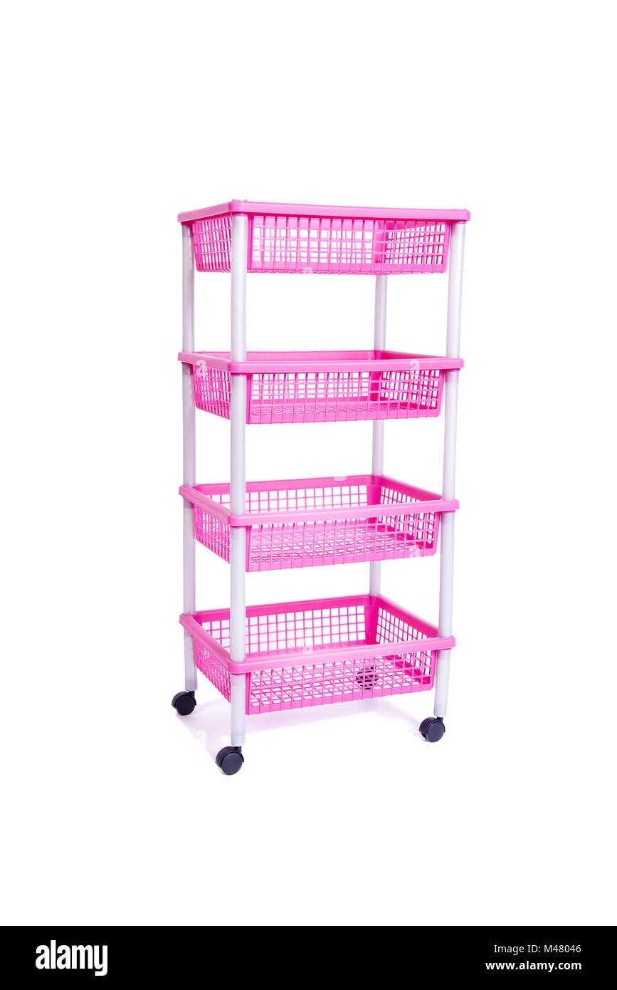 Pink bin rack shelf with wheels isolated on white Stock Photo - Alamy
