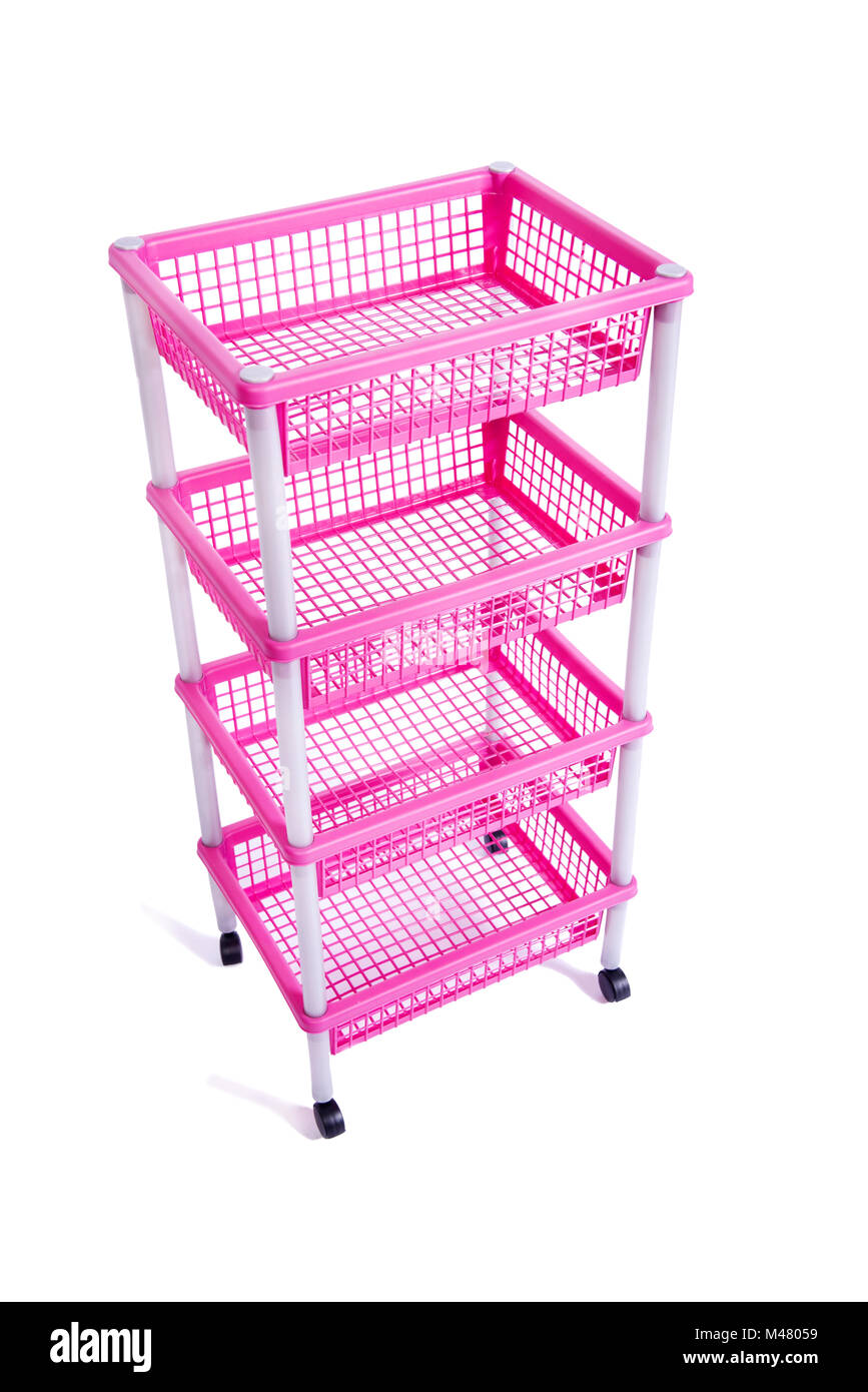 Pink bin rack shelf with wheels isolated on white Stock Photo - Alamy
