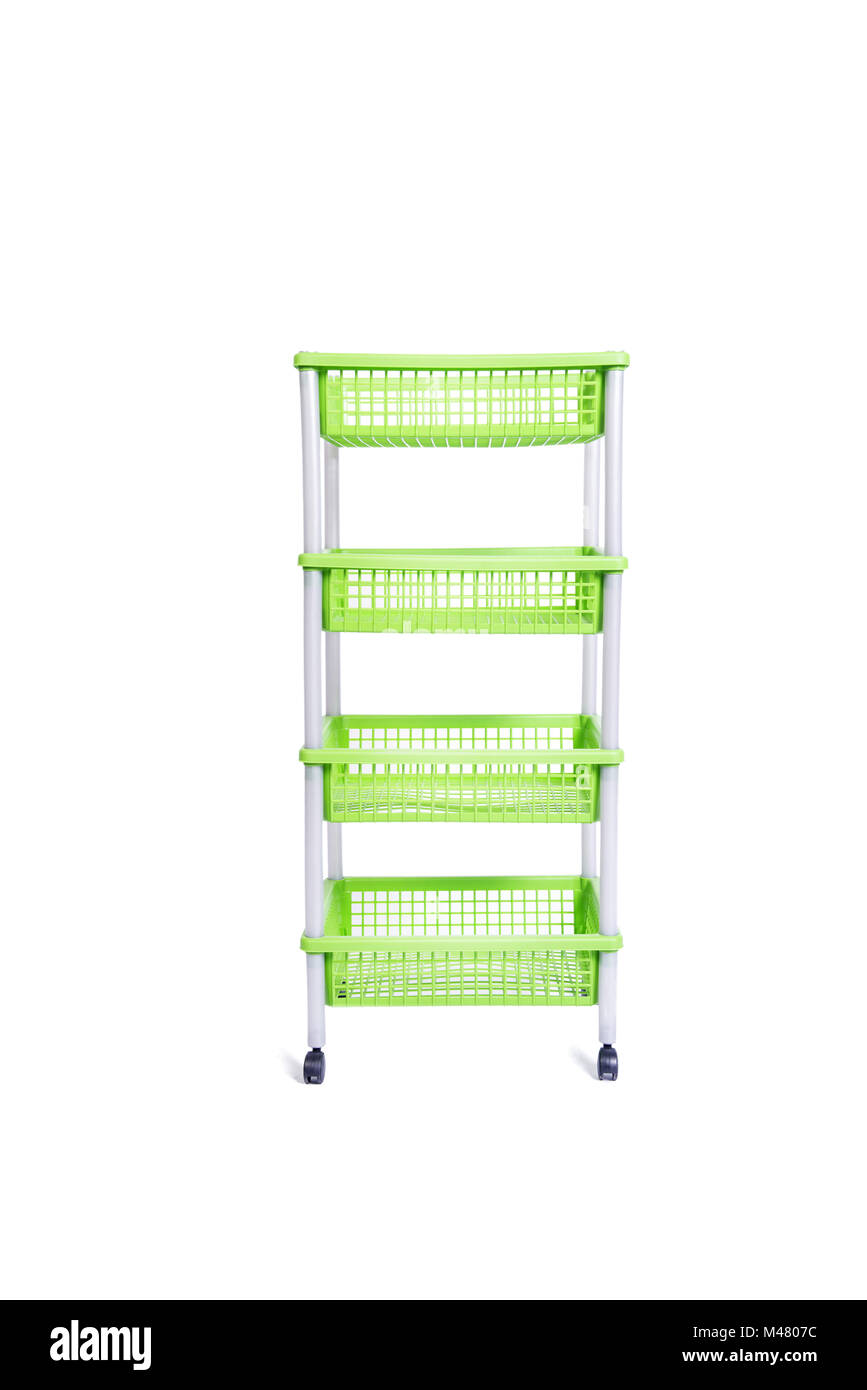 Green bin rack shelf with wheels isolated on white Stock Photo - Alamy