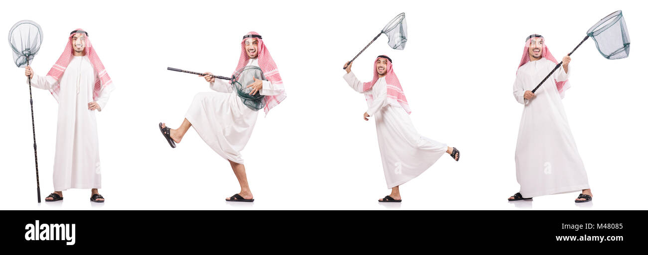 Arab man with catching net isolated on white Stock Photo - Alamy