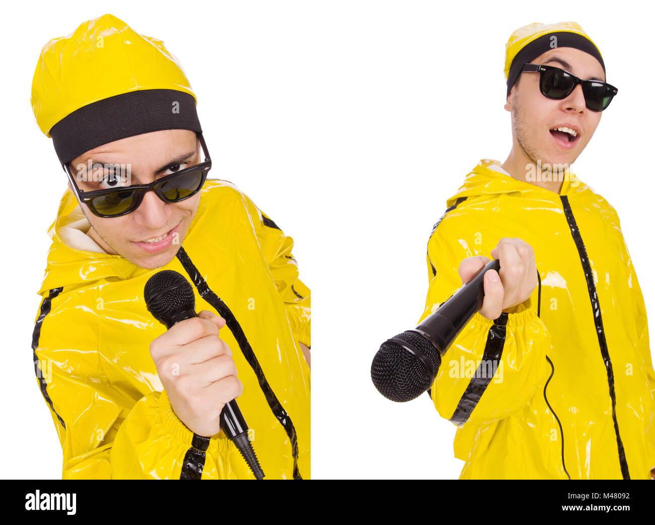 Funny performer with mic isolated on the white Stock Photo - Alamy