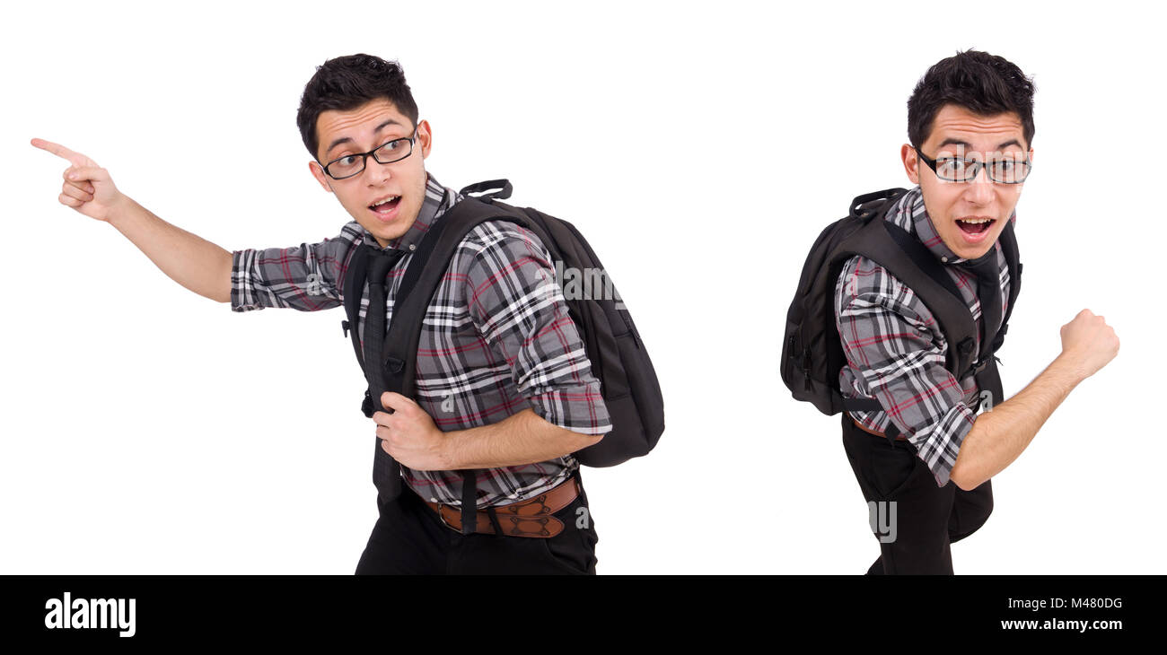Young employee with backpack isolated on white Stock Photo - Alamy