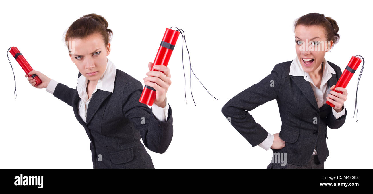 Woman businesswoman with dynamite stick isolated on white Stock Photo ...