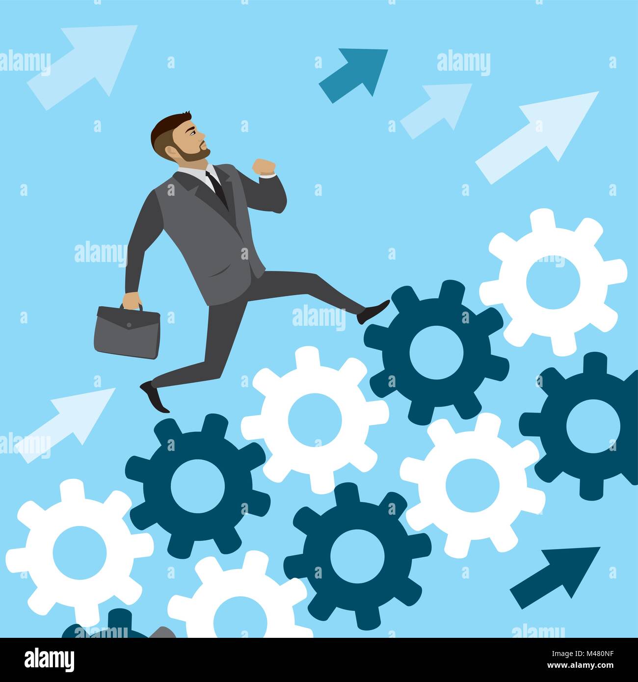 businessman run on the gears to success, cartoon vector illustration ...