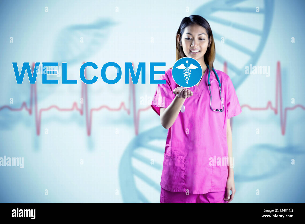 Composite image of asian nurse stretching out hand Stock Photo - Alamy