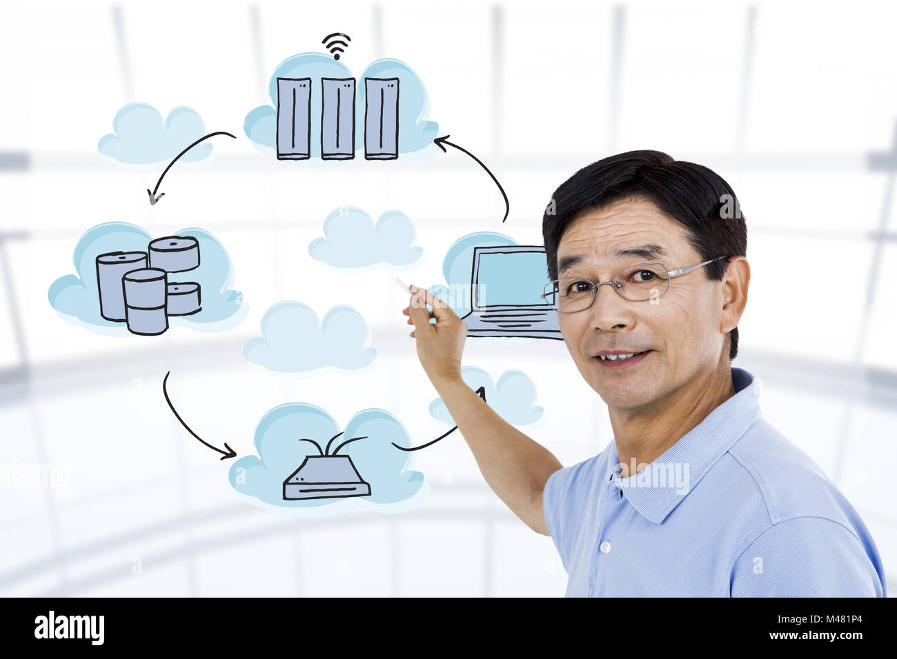 Composite image of elderly man pointing behind him Stock Photo - Alamy