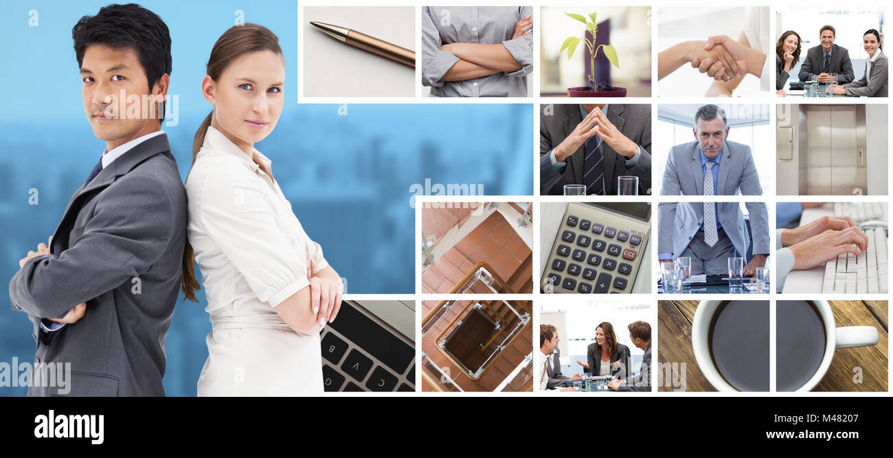 Composite image of portrait of business people standing back-to-back ...