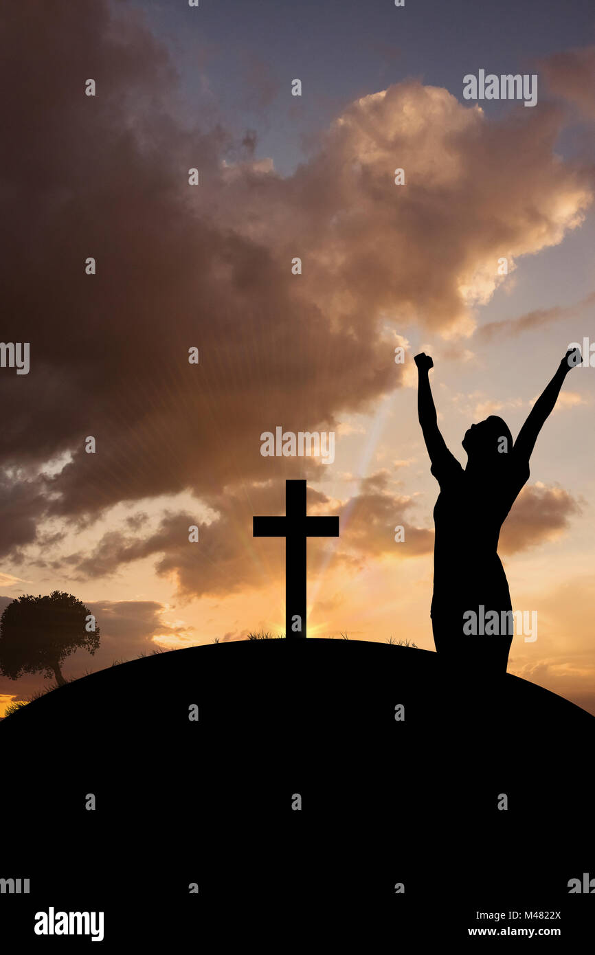 Composite image of side view of woman with arms raised Stock Photo - Alamy