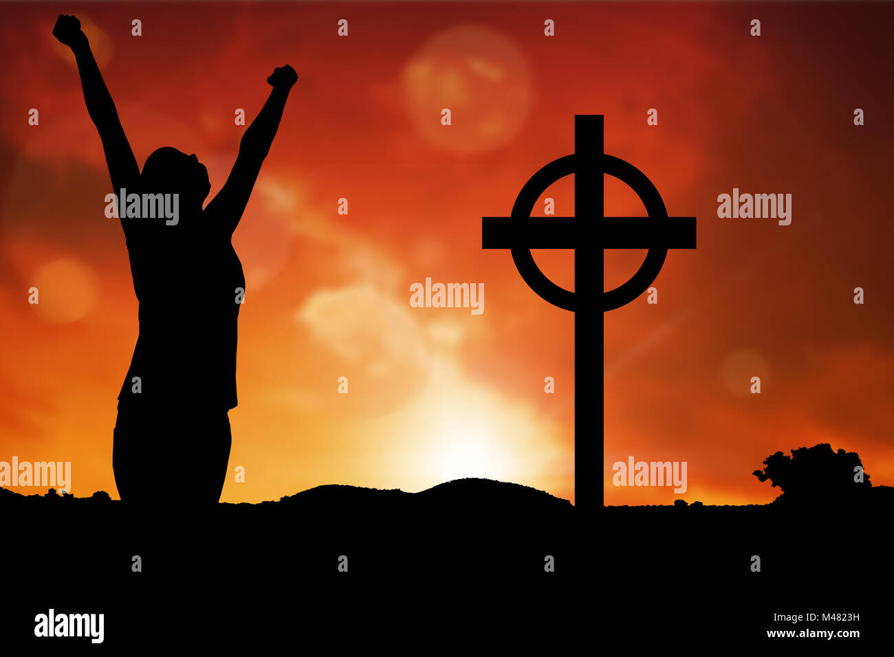 Composite image of cheering female silhouette Stock Photo - Alamy