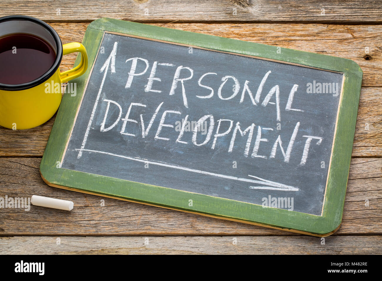 personal development concept - white chalk drawing on a blackboard with ...
