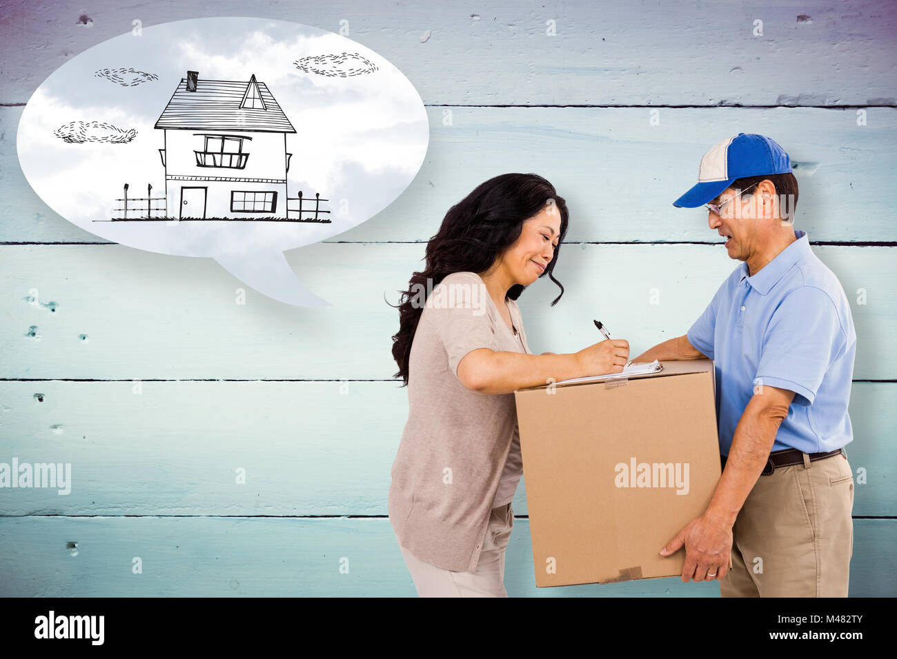 Composite image of woman signing for a package Stock Photo - Alamy